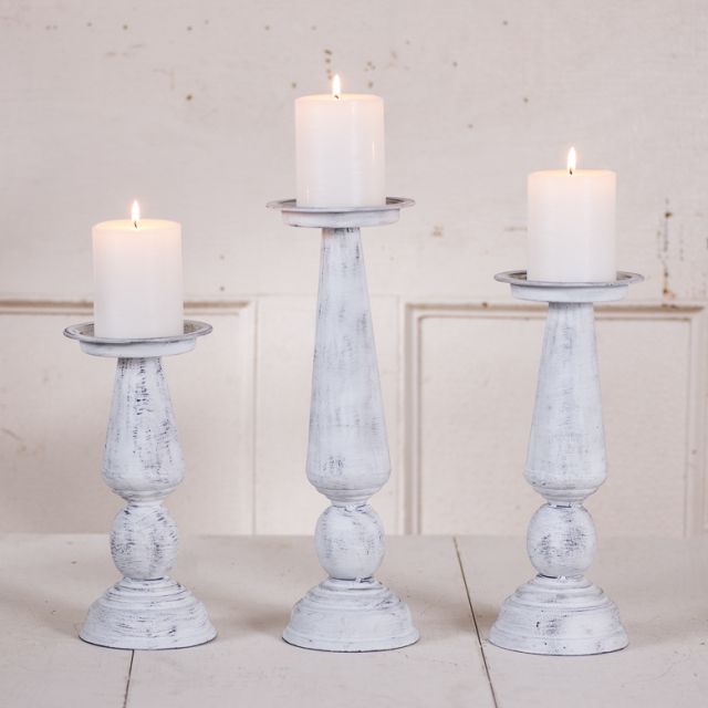 Irvins Tinware Metal Pedestal Pillar Candle Holder Set in Rustic White Wash